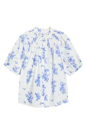 SUGARLIPS Bestia Floral Smocked Yoke Button-up Top - Cream-blue
