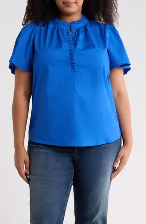 SUGARLIPS Ruffle Trim Cotton Poplin Shirt - Cobalt