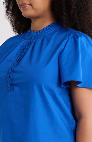 SUGARLIPS Ruffle Trim Cotton Poplin Shirt - Cobalt