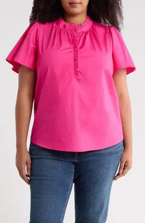 SUGARLIPS Ruffle Trim Cotton Poplin Shirt - Fuchsia