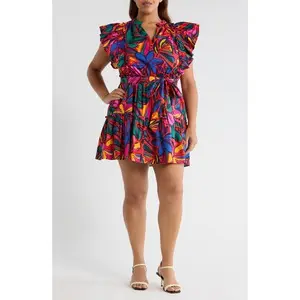 SUGARLIPS Rainbow Tropics Floral Ruffle Mini Dress - Red-multi