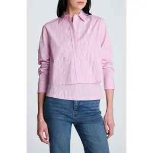 KENNETH COLE Button-up Stripe Crop Shirt - Candy Pink Multi