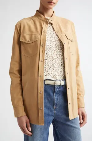 Eleventy Lambskin Suede Overshirt - Camel