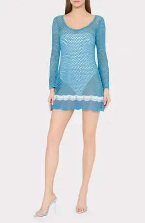 MILLY Crochet Long Sleeve Cover-up Minidress - Blue Multi