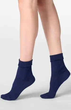 Oroblu Cotton Blend Rib Crew Socks - Blue