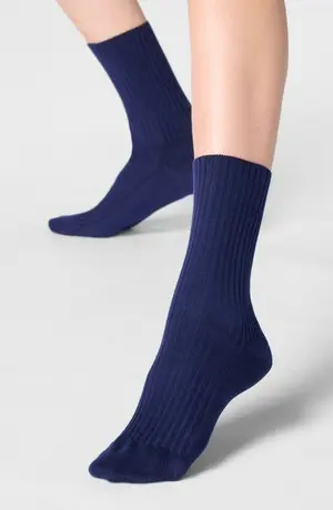 Oroblu Cotton Blend Rib Crew Socks - Blue