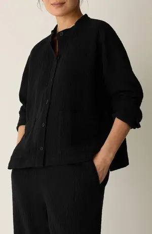 Eileen Fisher Mandarin Textured Organic Cotton Shirt Jacket - Black