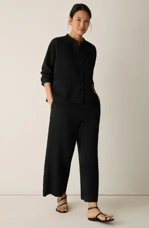 Eileen Fisher Mandarin Textured Organic Cotton Shirt Jacket - Black