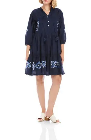 Karen Kane Floral Embroidered Cotton Tassel Dress - Navy
