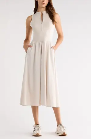 Zella Atlas Zip Front Sleeveless Midi Dress - Moonbeam