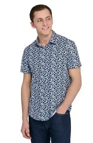 W.R.K Leaf Print Short Sleeve Performance Button-up Shirt - Navy