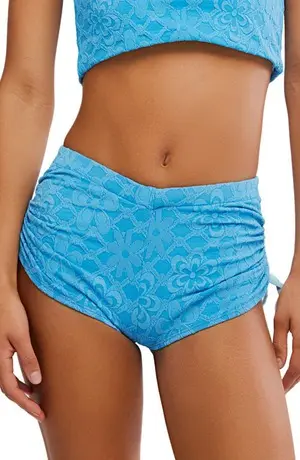 Free People Ginny Ruched Jacquard Bikini Bottoms - Bonnie Blue