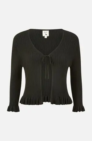YUMI Tie Front Ribbed Cardigan With Frilled Hem - Black