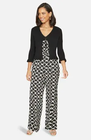 YUMI Tie Front Ribbed Cardigan With Frilled Hem - Black