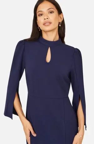 YUMI Mock Neck Keyhole Midi Dress - Navy