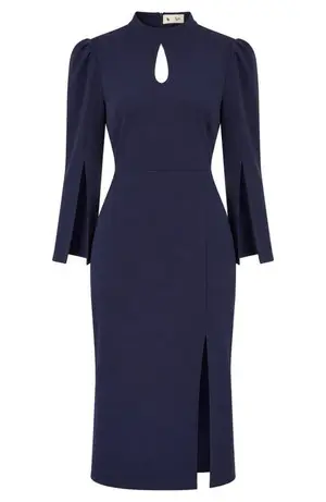 YUMI Mock Neck Keyhole Midi Dress - Navy