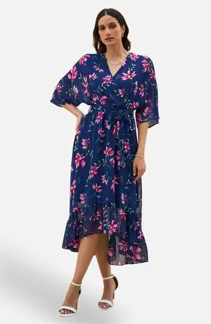 YUMI Floral Midi Dress With Self-tie Belt - Navy