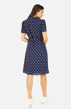 YUMI Polka Dot Shirt Dress - Navy