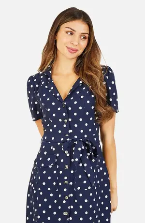 YUMI Polka Dot Shirt Dress - Navy
