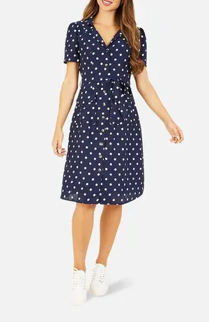 YUMI Polka Dot Shirt Dress - Navy