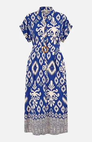 YUMI Geo Print Relaxed Midi Shirt Dress - Blue