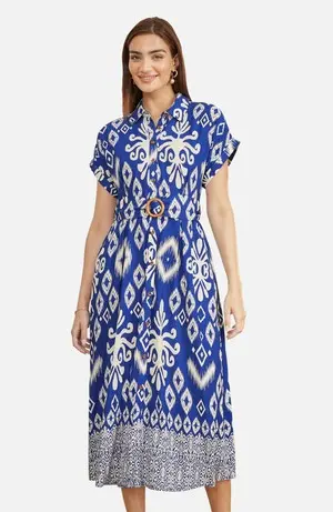 YUMI Geo Print Relaxed Midi Shirt Dress - Blue