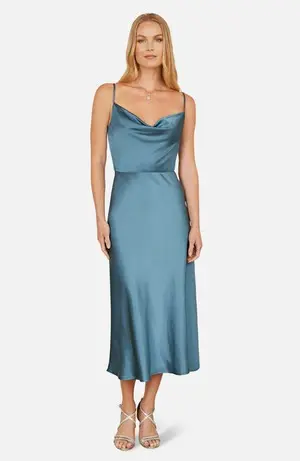 YUMI Satin Cowl Neck Midi Dress - Blue
