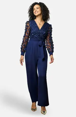 YUMI Sash Waist Floral Applique Wrap Jumpsuit - Navy