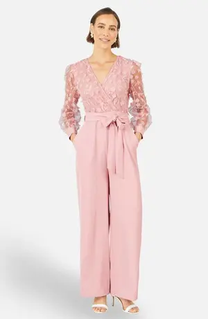 YUMI Sash Waist Floral Applique Wrap Jumpsuit - Pink