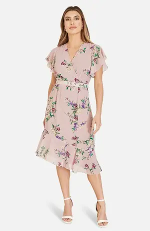 YUMI Printed Midi Wrap Dress With Belt - Pink