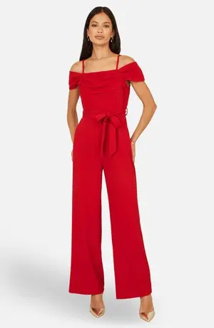 YUMI Draped Bardot Wide-leg Jumpsuit With Self-tie - Red