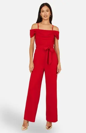YUMI Draped Bardot Wide-leg Jumpsuit With Self-tie
