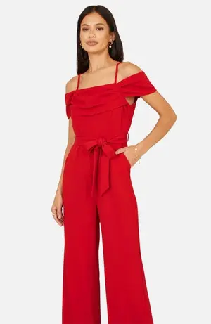 YUMI Draped Bardot Wide-leg Jumpsuit With Self-tie