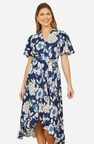 YUMI Floral Midi Wrap Dress - Navy