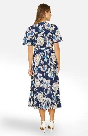 YUMI Floral Midi Wrap Dress - Navy