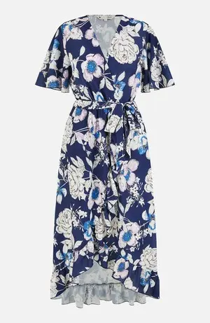 YUMI Floral Midi Wrap Dress - Navy