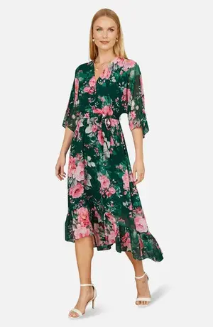 YUMI Wrap Midi Dress With Dip Hem