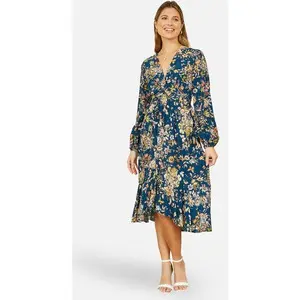 YUMI Tie Knot Front Floral Midi Dress - Navy