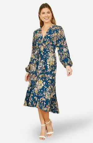 YUMI Tie Knot Front Floral Midi Dress