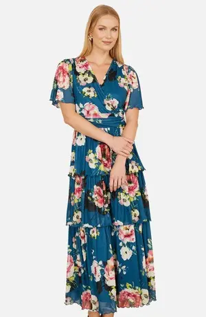 YUMI Mesh V-neck Tiered Maxi Dress With Ruffled Skirt - Green