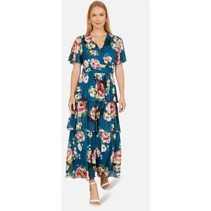YUMI Mesh V-neck Tiered Maxi Dress With Ruffled Skirt - Green