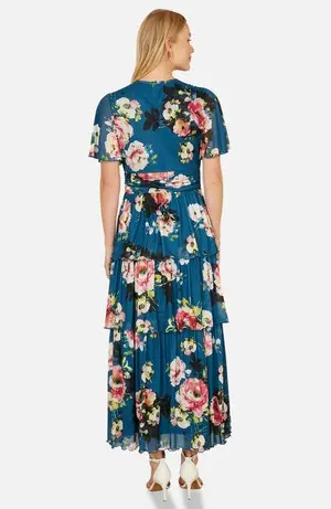 YUMI Mesh V-neck Tiered Maxi Dress With Ruffled Skirt - Green