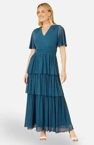 YUMI Mesh V-neck Tiered Maxi Dress With Ruffled Skirt - Teal
