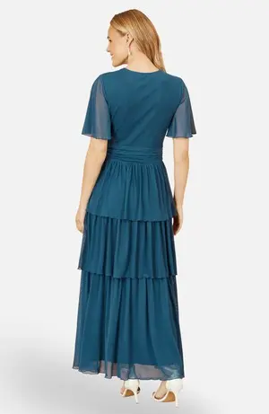 YUMI Mesh V-neck Tiered Maxi Dress With Ruffled Skirt - Teal