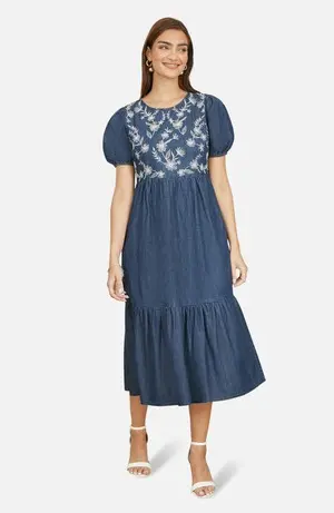 YUMI Floral Embroidered Puff Sleeve Denim Dress