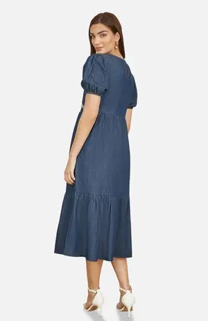 YUMI Floral Embroidered Puff Sleeve Denim Dress