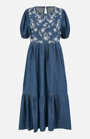 YUMI Floral Embroidered Puff Sleeve Denim Dress