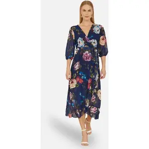 YUMI Watercolour Dip Hem Midi Wrap Dress - Navy