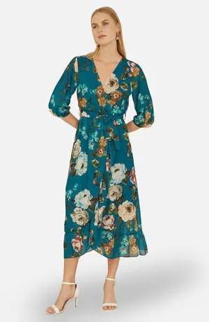 YUMI Watercolour Dip Hem Midi Wrap Dress - Teal