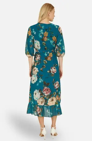 YUMI Watercolour Dip Hem Midi Wrap Dress - Teal